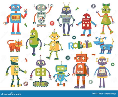 Set Of Vector Robots In Cartoon Style Isolated Vector Robots In A