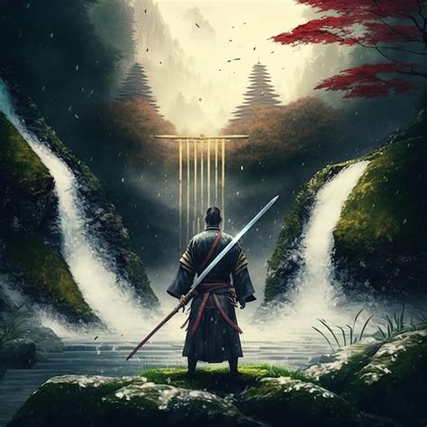 Premium Photo Samurai Standing Near A Waterfall Digital Art Style