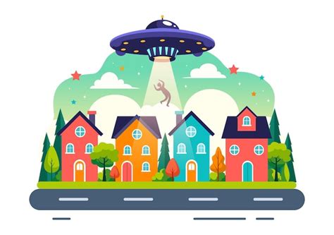 밤 하늘에서 빛의 광선과 함께 Ufo 비행 우주선 터 일러스트레이션 City View 납치 인간과 외계인 평평한 아이들 만화
