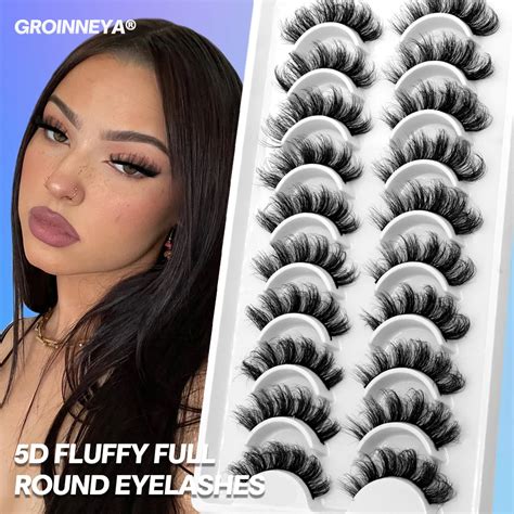 GROINNEYA 5 10 Pairs 3D Mink Lashes Faux Mink Fluffy Lash Soft Full