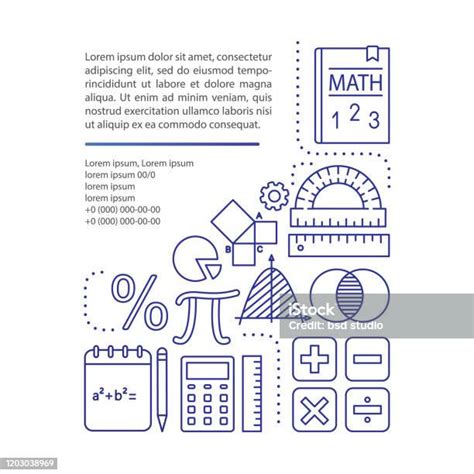 기본 수학 코스 문서 페이지 벡터 템플릿입니다 대수 기하학 선형 아이콘과 텍스트 상자가 있는 브로셔 디자인 요소입니다 인쇄 디자인 텍스트 공간이 있는 개념 그림 개념에 대한