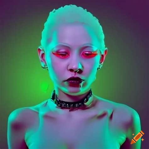 Black Albino Cyborg Woman Wearing Punk Fashion Green Black Gradient