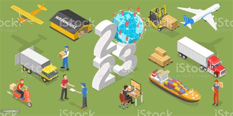 3d 아이소메트릭 플랫 벡터 2023년 새해와 운송 물류의 개념적 그림 화물 운송에 대한 스톡 벡터 아트 및 기타 이미지