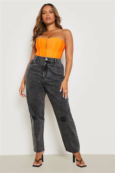 Plus High Rise Acid Wash Ripped Mom Jean Boohoo Uk