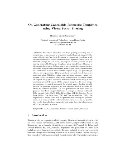Pdf On Generating Cancelable Biometric Templates Using Visual Secret