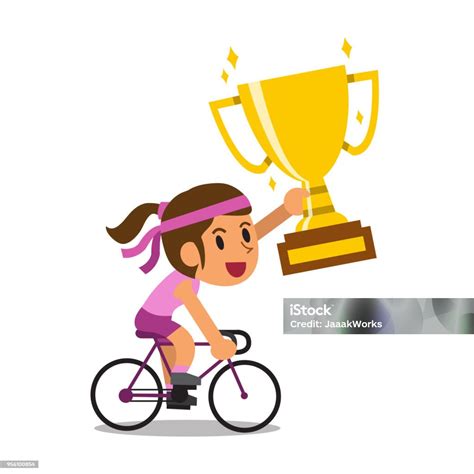벡터 만화 스포츠 여자 들고 큰 금 트로피 컵 수상 자전거를 타고 Championship에 대한 스톡 벡터 아트 및 기타 이미지 Championship 감정 개념
