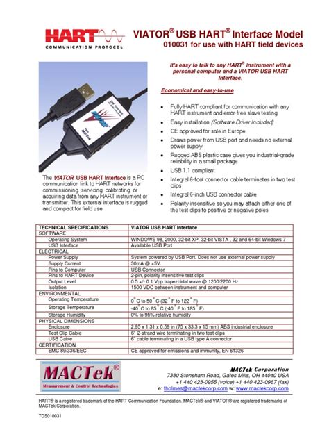 Mactek 010031 Viator Usb Hart Interface Pdf Usb Electrical Connector