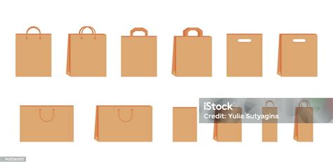 쇼핑 세트의 손잡이 템플릿이있는 종이 가방 선물 음식 품목을 위한 갈색 공예 종이 팩 상점 슈퍼마켓 패킷 소매 포장 테이크 어웨이 에코 가방으로 배달 모형 정면보기 벡터