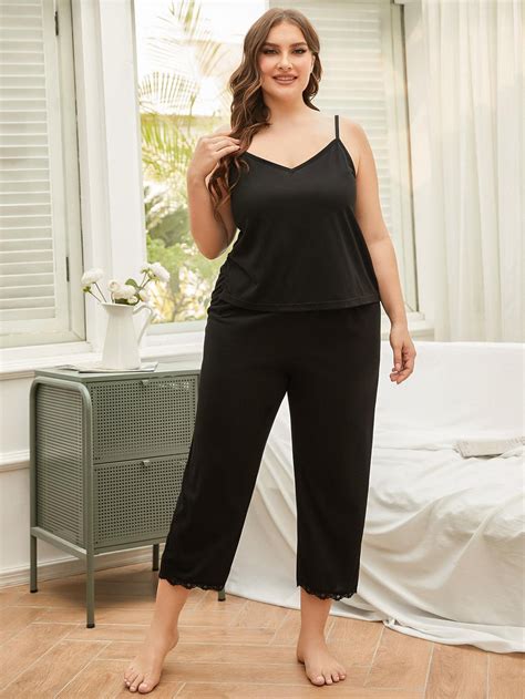 Plus Size Lace Trim Slit Cami And Pants Pajama Set Okanna