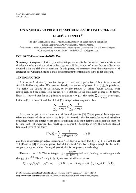 Pdf On A Sum Over Primitive Sequences Of Finite Degree