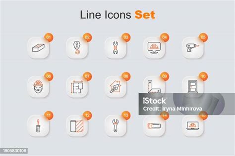 세트 라인 작업자 안전 헬멧 손톱 조정 가능한 렌치 벽지 드라이버 닫힌 문 모서리 눈금자 및 흙손 아이콘이 있는 집 벡터 0명에 대한 스톡 벡터 아트 및 기타 이미지