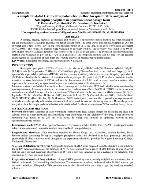 Pdf A Simple Validated Uv Spectrophotometric Method For Quantitative Analysis Of Sitagliptin