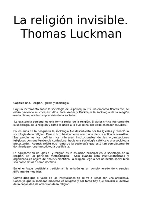 La Religion Invisible Thomas Luckman Apuntes De Sociología Docsity