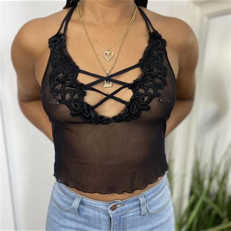 Black Mesh Halter Crop Top With Crisscross And Depop