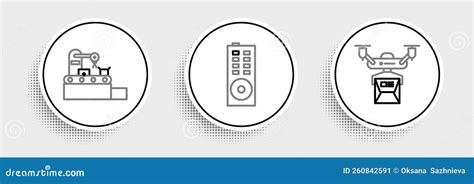 Set Line Drone Delivery Concept Factory Conveyor System Belt And Remote Control Icon Vector