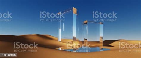 3d 렌더링 추상적인 초현실적인 사막 풍경 화창한 날 맑고 푸른 하늘 노란 모래 언덕 거울 반사가 있는 평평한 표면 기하학적 사각형 유리 아치 미니멀리스트 미적 벽지 사막에