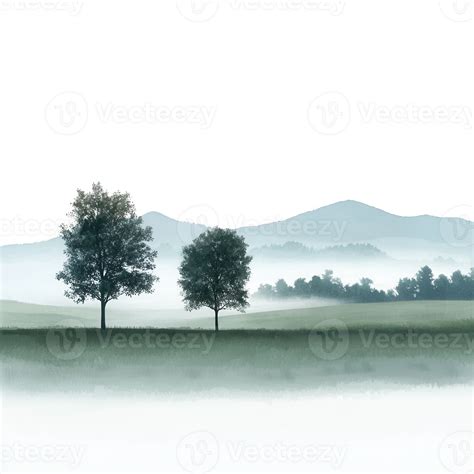 Serene Landscape Featuring Trees In Misty Hills Creating A Tranquil