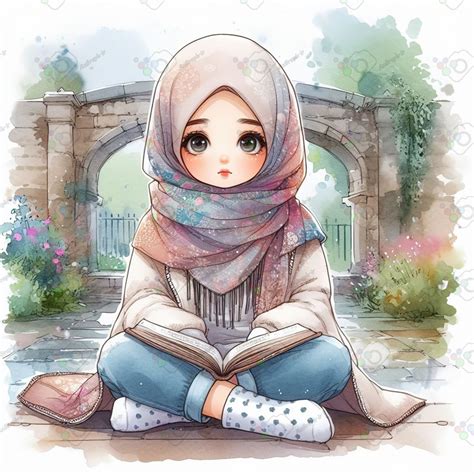 بک گراند کودکانه دختر ناز با حجاب با کتاب باز نشسته جلوی پل سنگی کد