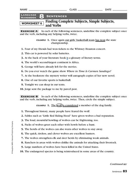Subject Predicate Practice Sentences Houghton Mifflin Harcourt Publishing Company