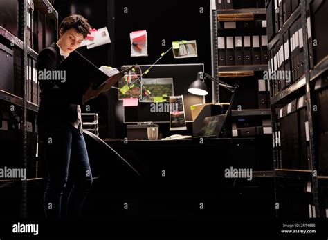 Fbi Investigator Analyzing Police Crime Evidence Report Checking