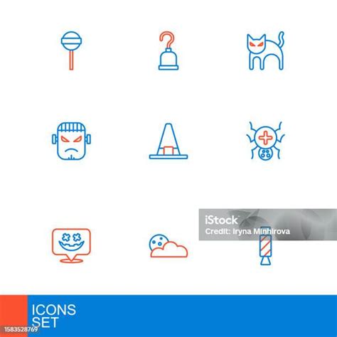 세트 라인 캔디 달의 별 해피 할로윈 휴일 거미 프랑켄슈타인 얼굴 마녀 모자 검은 고양이 및 해적 후크 아이콘 벡터 가공의 인물에 대한 스톡 벡터 아트 및 기타 이미지