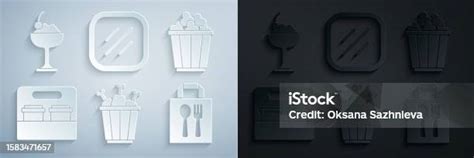 패키지 상자에 닭 다리 팝콘 커피 컵 온라인 주문 및 배달 스테이크 고기 및 아이스크림 그릇 아이콘을 설정합니다 벡터 3차원 형태에 대한 스톡 벡터 아트 및 기타 이미지