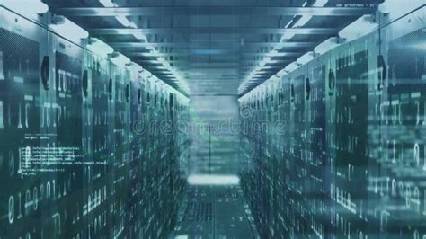 Animation Of Data Processing And Binary Coding Over Server Room Stock