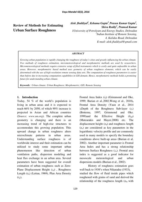 Pdf Review Of Methods For Estimating Surface Roughness For Understanding Urban Climate