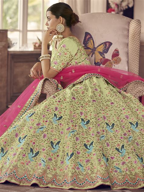 Pista Green Art Silk Parrots Motif Lehenga Choli With Thread Zarkan