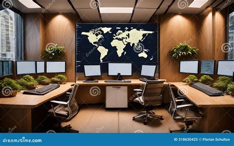 A Modern High Tech Control Room With Glowing Screens And A Central World Map Display Stock