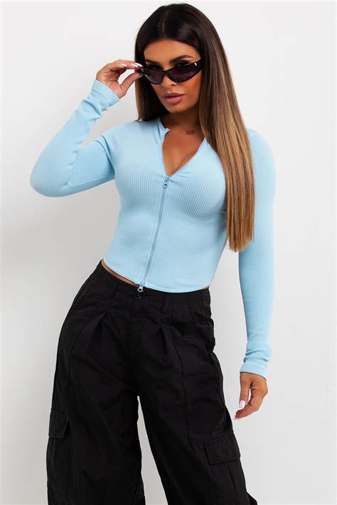Womens Rib Double Zip Long Sleeve Contour Top Sky Blue Uk