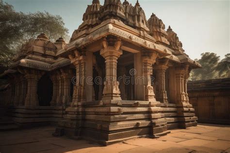 Ancient Temple With Towering Columns And Intricate Carvings Stock