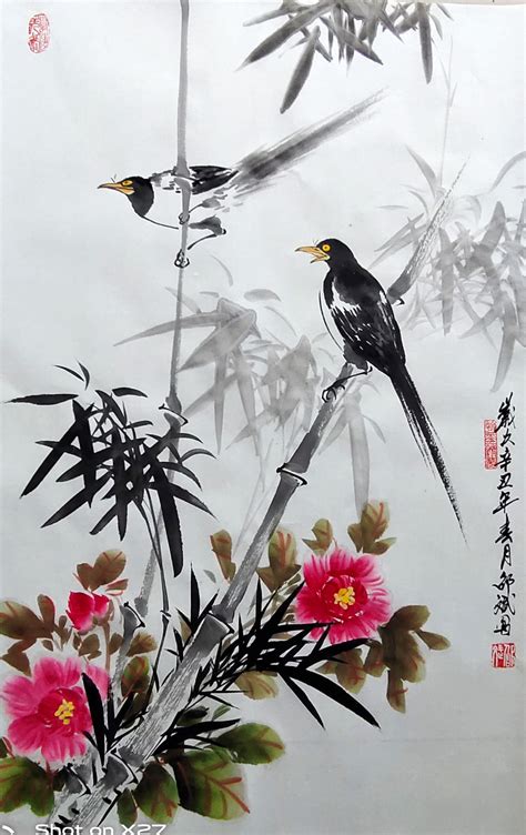 名家花鸟画作品欣赏 喜鹊牡丹竹子国画 国画写意花鸟画 邵斌写意