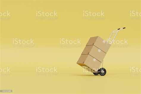 노란색 배경에 소포를 운송하기 위한 트롤리 복사 붙여 넣기 공간 복사 3d 렌더링 가득 찬에 대한 스톡 사진 및 기타 이미지 가득 찬 공급망 나름 Istock