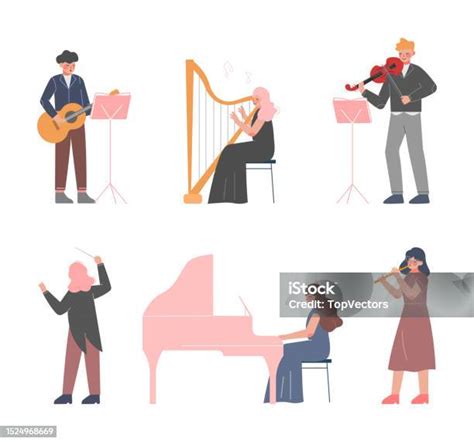 남자와 여자 음악가 캐릭터가 악기를 연주하고 오케스트라 벡터 세트를 지휘한다 플룻에 대한 스톡 벡터 아트 및 기타 이미지 플룻 피아노 Classical Concert