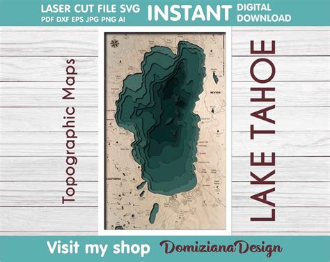 Lake Tahoe Map Svg Chart Topographic Art Decor Design File Glowforge