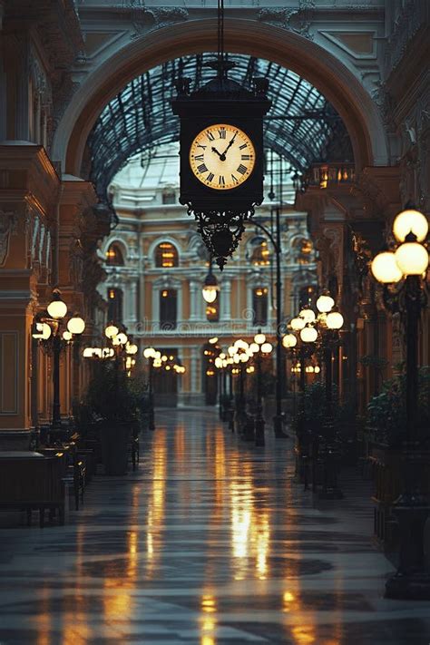 A Grand Elegant Arcade Is Beautifully Lit At Night Featuring A