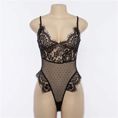 2018 New Women Sexy V Neck Camisole Bodysuit Solid Lace See Through