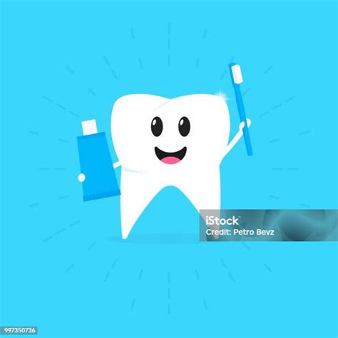 치아는 칫 솔과 손잡고 웃 고 건강 한 치아 붙여넣기 만화 벡터 일러스트 가리키기에 대한 스톡 벡터 아트 및 기타 이미지 가리키기 개념 건강 진단 Istock
