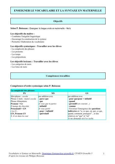 ENSEIGNER LE VOCABULAIRE ET LA SYNTAXE EN MATERNELLE