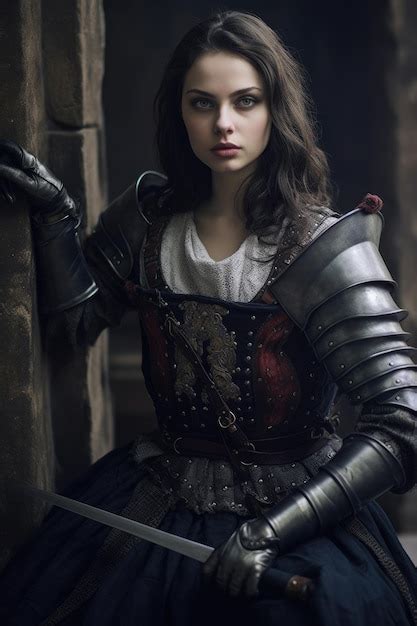 Premium Ai Image A Woman In Armor Leaning Against A Wall