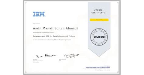 Amin Manafi On Linkedin Completion Certificate For Databases And Sql For Data Science With Python
