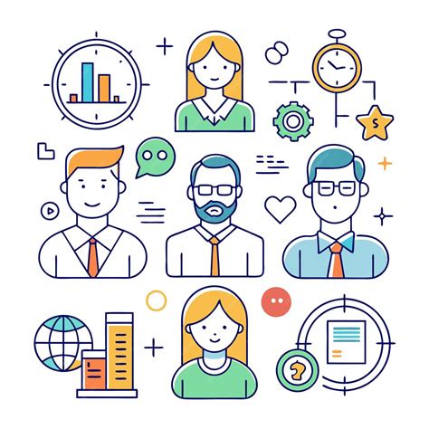 Business Team With Icons Representing Teamwork Time Management Strategy Success And Global Reach