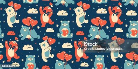 곰 새끼와 하트와 재미 있는 이음매 없는 벽지 밝은 벡터 배경입니다 간단한 손으로 그린 배경입니다 아기 파티 템플릿 또는 어린이
