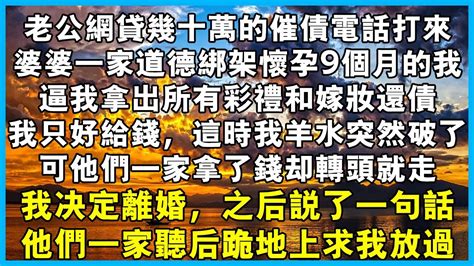 老公網貸幾十萬，催債電話打給我。婆婆一家逼我拿彩禮和嫁妝還債，我給了錢後羊水破了，他們卻轉頭就走。我心灰意冷決定離婚，之後一句話，他們一家人聽