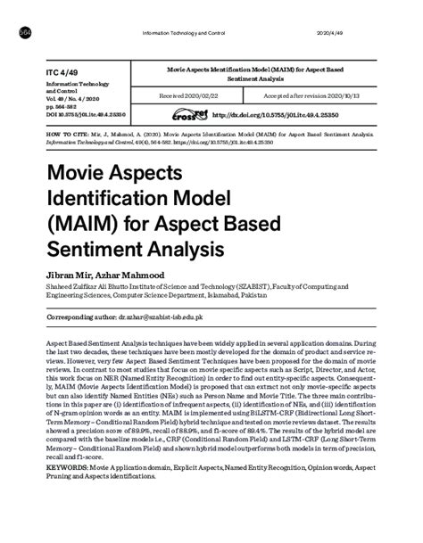 Pdf Movie Aspects Identification Model For Aspect Based Sentiment