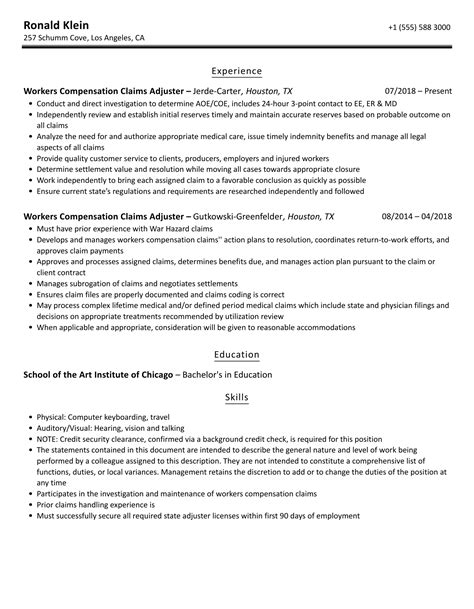 Workers Compensation Claims Adjuster Resume Samples Velvet Jobs