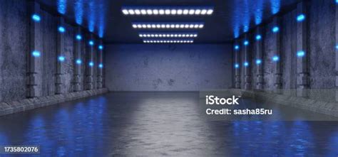미래 지향적 인 복도 전시실 금속 Led 조명 투광 조명 미래 지향적인 배경 터널 기술 배경 격납고 차고 3d 렌더링 옷걸이에 대한 스톡 사진 및 기타 이미지 Istock