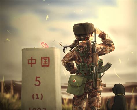 Safebooru 1girl Ak 47 Assault Rifle Black Hair Blurry Blurry