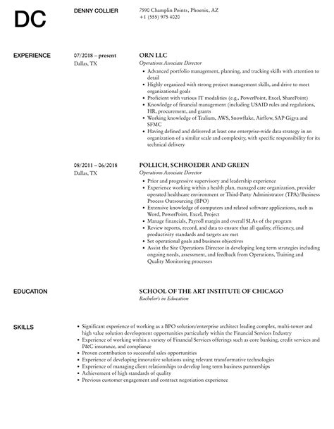 Operations Associate Director Resume Samples Velvet Jobs